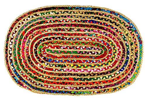 COTTON CRAFT Jute Chindi Braid Rag Rug - Boho Farmhouse Rustic Area Accent Throw Rug - Handwoven Reversible Natural Recycled Cotton- Living Room Den Study Home Décor Gift - 2' x 3' Oval - Multi Color