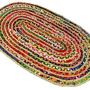 COTTON CRAFT Jute Chindi Braid Rag Rug - Boho Farmhouse Rustic Area Accent Throw Rug - Handwoven Reversible Natural Recycled Cotton- Living Room Den Study Home Décor Gift - 2' x 3' Oval - Multi Color