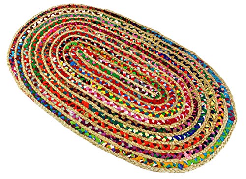 COTTON CRAFT Jute Chindi Braid Rag Rug - Boho Farmhouse Rustic Area Accent Throw Rug - Handwoven Reversible Natural Recycled Cotton- Living Room Den Study Home Décor Gift - 2' x 3' Oval - Multi Color