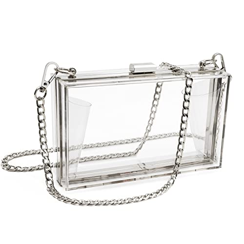 SharPlus Women Cute Clear Purse Acrylic Box Clutch Handbag, Transparent Crossbody Evening Bag Stadium Approved Silver Chain Strap