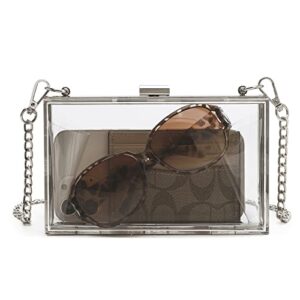 SharPlus Women Cute Clear Purse Acrylic Box Clutch Handbag, Transparent Crossbody Evening Bag Stadium Approved Silver Chain Strap