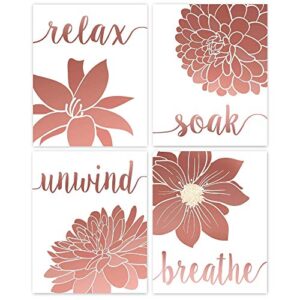 relax soak unwind breathe rose gold white tone flower prints, 4 (8×10) unframed photos, wall art decor gifts under 20 for home office yoga studio school college student teacher garden floral fan