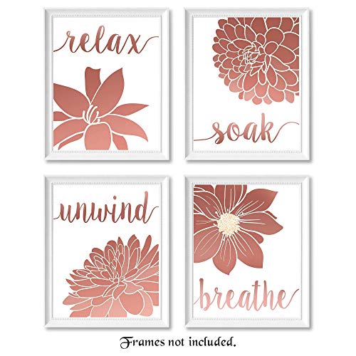 Relax Soak Unwind Breathe Rose Gold White Tone Flower Prints, 4 (8x10) Unframed Photos, Wall Art Decor Gifts Under 20 for Home Office Yoga Studio School College Student Teacher Garden Floral Fan