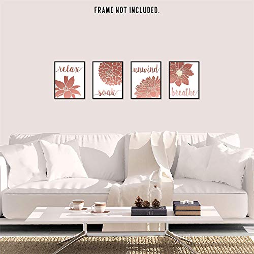 Relax Soak Unwind Breathe Rose Gold White Tone Flower Prints, 4 (8x10) Unframed Photos, Wall Art Decor Gifts Under 20 for Home Office Yoga Studio School College Student Teacher Garden Floral Fan