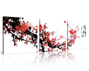 nan wind small size traditional chinese painting of red plum blossom canvas prints 3 pcs calligraphy art paintings wall art poem print painting framed 12x12inches 3pcs/set