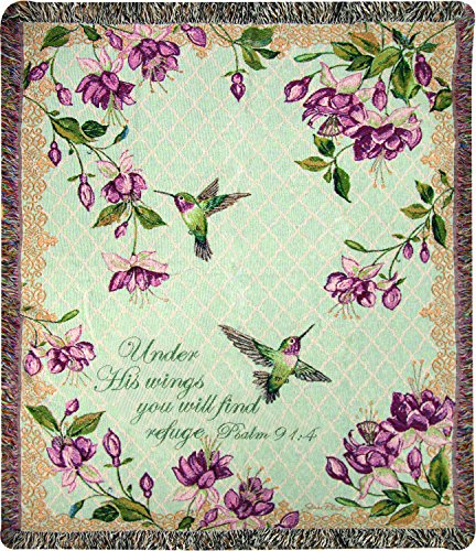 Manual Woodworkers & Weavers Tapestry Throw, Psalm 91:4, 50 x 60, Ruby's Among The Fuchsia's Scripture