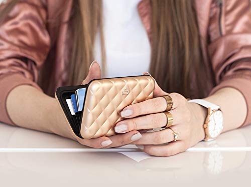 ÖGON -DESIGNS- Lady Case Women’s aluminum wallet - Quilted metal purse - RFID Blocking card holder - Strong metal lock - Rose Gold