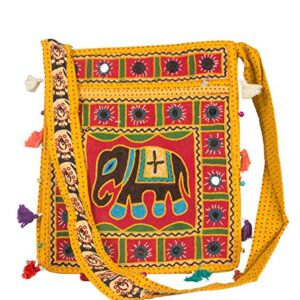 Tribe Azure Hobo Cross Body Elephant Messenger Shoulder Bag Mirror Embroidered Roomy Women Purse Tote Colorful Casual Everyday Hippie Boho (Mustard)