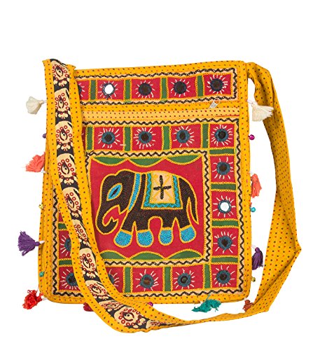 Tribe Azure Hobo Cross Body Elephant Messenger Shoulder Bag Mirror Embroidered Roomy Women Purse Tote Colorful Casual Everyday Hippie Boho (Mustard)