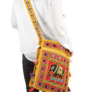 Tribe Azure Hobo Cross Body Elephant Messenger Shoulder Bag Mirror Embroidered Roomy Women Purse Tote Colorful Casual Everyday Hippie Boho (Mustard)