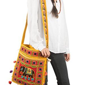 Tribe Azure Hobo Cross Body Elephant Messenger Shoulder Bag Mirror Embroidered Roomy Women Purse Tote Colorful Casual Everyday Hippie Boho (Mustard)