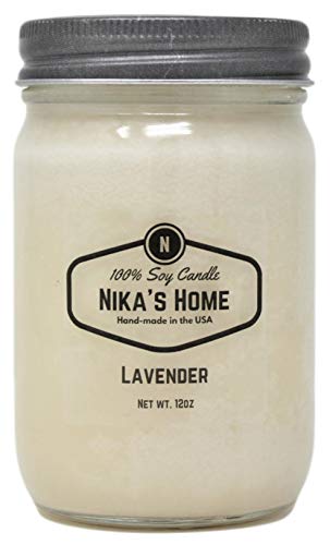 Nika's Home Lavender Soy Candle 12oz Mason Jar Non-Toxic White Soy Candle Handmade, Long Burning 50-60 Hours Highly Scented All Natural, Clean Burning Large Candle Gift Décor