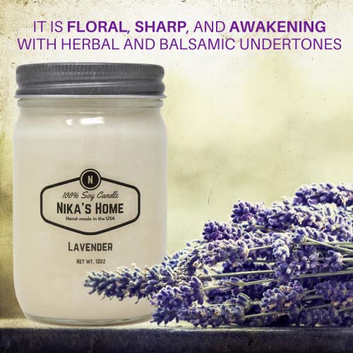 Nika's Home Lavender Soy Candle 12oz Mason Jar Non-Toxic White Soy Candle Handmade, Long Burning 50-60 Hours Highly Scented All Natural, Clean Burning Large Candle Gift Décor