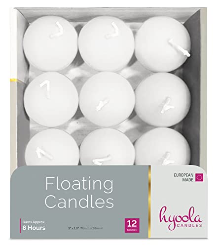 HYOOLA Premium White Floating Candles 3 Inch - 8 Hour - 12 Pack - European Made