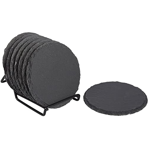 8 Pack Slate Drink Coasters with Holder for Coffee Table, Bar, Kitchen (Black Stone, 3.8 in)