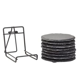 8 Pack Slate Drink Coasters with Holder for Coffee Table, Bar, Kitchen (Black Stone, 3.8 in)