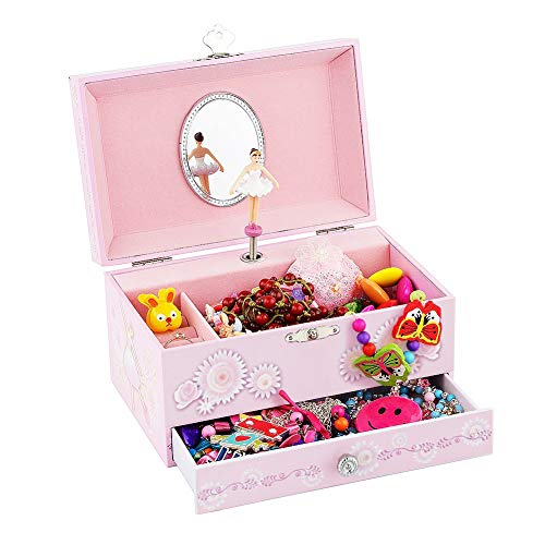 RR ROUND RICH DESIGN Kids Musical Jewelry Box for Girls with Drawer and Jewelry Set with Ballerina Theme - Swan Lake Tune Pink