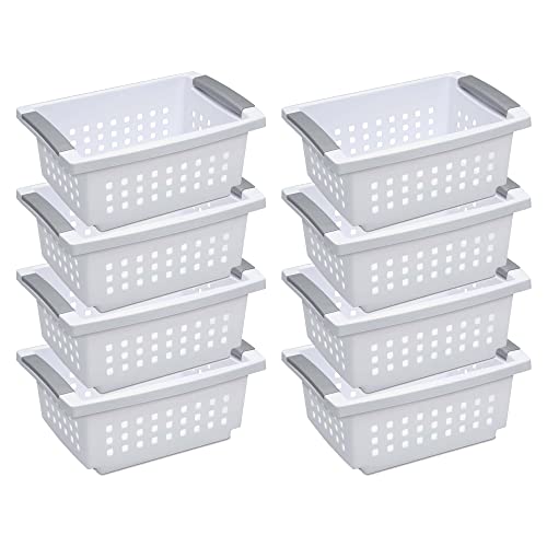 Sterilite Small Plastic Stacking Storage Basket Container Totes w/Comfort Grip Handles and Flip Down Rails for Household Organization, White, 8 Pack