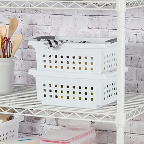 Sterilite Small Plastic Stacking Storage Basket Container Totes w/Comfort Grip Handles and Flip Down Rails for Household Organization, White, 8 Pack