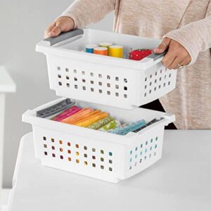 Sterilite Small Plastic Stacking Storage Basket Container Totes w/Comfort Grip Handles and Flip Down Rails for Household Organization, White, 8 Pack