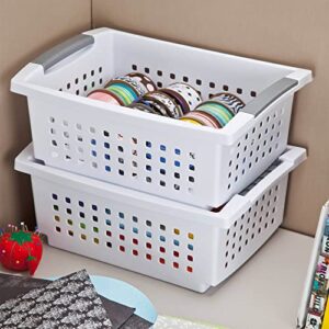 Sterilite Small Plastic Stacking Storage Basket Container Totes w/Comfort Grip Handles and Flip Down Rails for Household Organization, White, 8 Pack