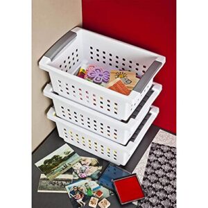 Sterilite Small Plastic Stacking Storage Basket Container Totes w/Comfort Grip Handles and Flip Down Rails for Household Organization, White, 8 Pack