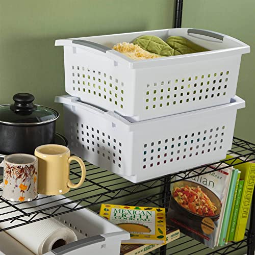 Sterilite Small Plastic Stacking Storage Basket Container Totes w/Comfort Grip Handles and Flip Down Rails for Household Organization, White, 8 Pack