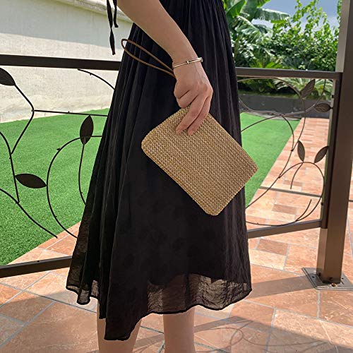 Auony Straw Clutch Handbag, Women Straw Purse Wristlet Summer Beach Bag with Zipper & Handle