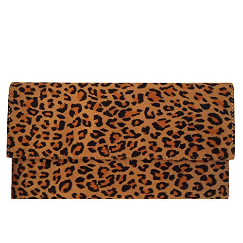 JNB Faux Suede Leopard Print Clutch, Tan