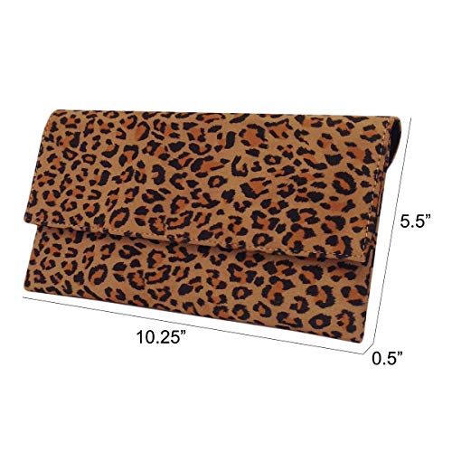 JNB Faux Suede Leopard Print Clutch, Tan