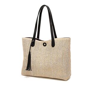 qtkj women straw summer beach bag handwoven big tote leather shoulder handbag with tassel decorate (black)