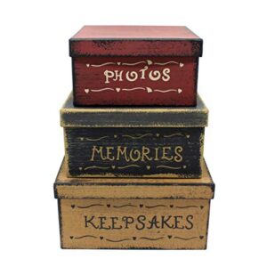 cvhomedeco. primitive vintage square photos, memories, keepsakes cardboard nesting boxes, large 9 x 9 x 4-1/2 inch. set of 3.