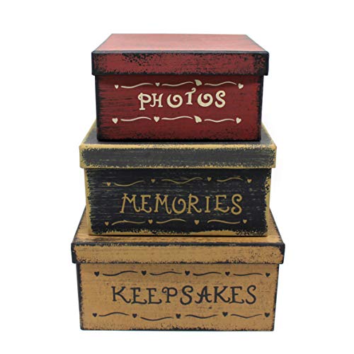 CVHOMEDECO. Primitive Vintage Square Photos, Memories, Keepsakes Cardboard Nesting Boxes, Large 9 X 9 X 4-1/2 Inch. Set of 3.