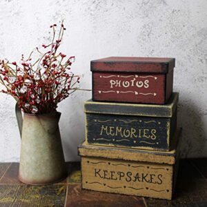 CVHOMEDECO. Primitive Vintage Square Photos, Memories, Keepsakes Cardboard Nesting Boxes, Large 9 X 9 X 4-1/2 Inch. Set of 3.