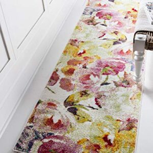 Unique Loom Lyon Collection Modern Watercolor Floral Area Rug, 2 x 6 ft, Ivory/Pink