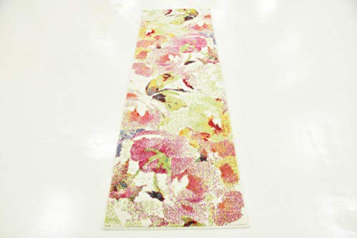 Unique Loom Lyon Collection Modern Watercolor Floral Area Rug, 2 x 6 ft, Ivory/Pink