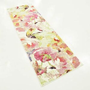 Unique Loom Lyon Collection Modern Watercolor Floral Area Rug, 2 x 6 ft, Ivory/Pink