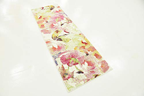 Unique Loom Lyon Collection Modern Watercolor Floral Area Rug, 2 x 6 ft, Ivory/Pink