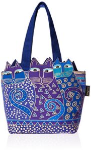 laurel burch tote zipper top, 12 by 3-1/2 by 8-1/2-inch, tres gatos, blue/gold