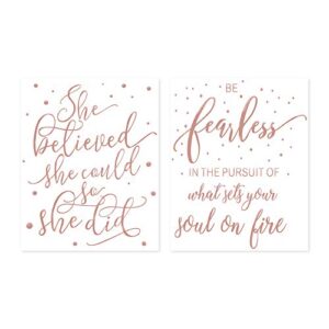 she believe she could so she did-be fearless in the pursuit of what sets your soul on fire with polka dot rose gold foil print,inspirational quote cardstock art print (set of two,8×10 inch,unframed)