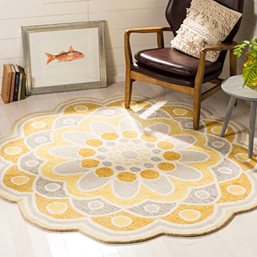 SAFAVIEH Novelty Collection 4' Round Grey / Gold NOV101B Handmade Boho Flower Premium Wool Area Rug