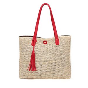 qtkj women straw summer beach bag handwoven big tote leather shoulder handbag with tassel decorate (red)