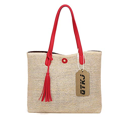 QTKJ Women Straw Summer Beach Bag Handwoven Big Tote Leather Shoulder Handbag with Tassel Decorate (Red)