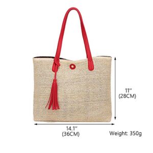 QTKJ Women Straw Summer Beach Bag Handwoven Big Tote Leather Shoulder Handbag with Tassel Decorate (Red)