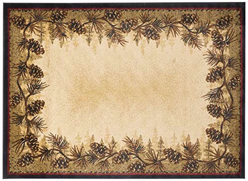 Rustic Lodge Pine Cone Border Brown 5x7 Area Rug, 5'3x7'3