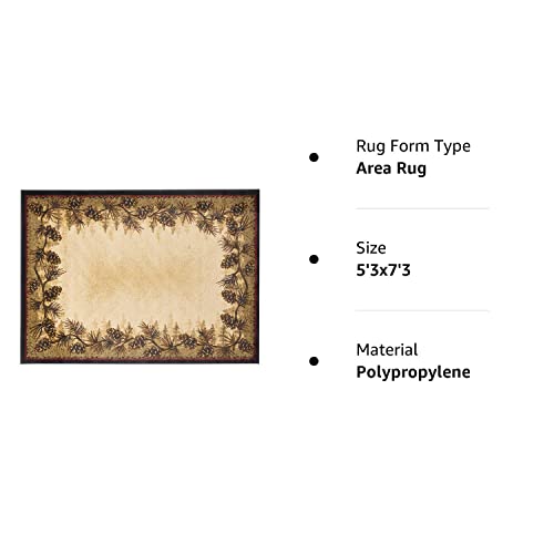 Rustic Lodge Pine Cone Border Brown 5x7 Area Rug, 5'3x7'3