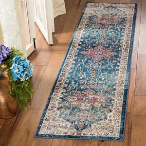 safavieh aria collection 2′ x 8′ blue/cream ara160b oriental medallion distressed non-shedding living room entryway foyer hallway bedroom runner rug