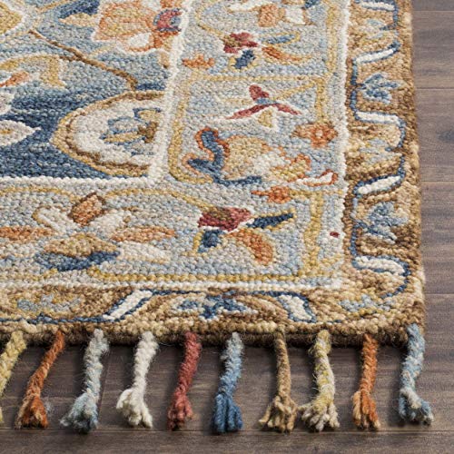 SAFAVIEH Aspen Collection 7' Square Grey / Navy APN110A Handmade Boho Braided Tassel Wool Area Rug