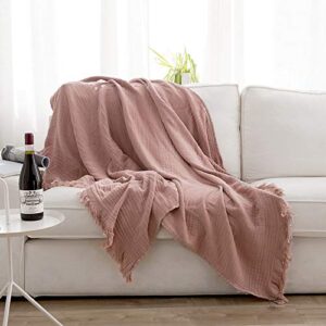 simple&opulence cotton muslin throw blanket for bed, couch, knit woven gauze blanket with tassels, soft lightweight cozy pre-washed breathable farmhouse decoration for all-season (dusty rose)