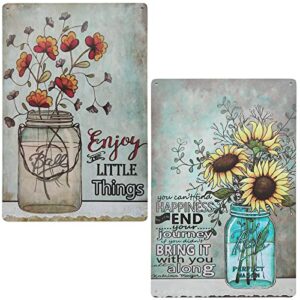 tisoso two glass bottle floral sunflowers poppies metal tin sign wall art decor for living room vintage art coffee bar signs home decor gifts decoration 2pcs-8x12inch